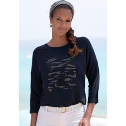 3/4-Arm-Shirt Lascana "mit Strass-Dessin", Damen, Gr. 32/34, silber (schwarz, silber), Single Jersey, Obermaterial: 95% Viskose (LENZING&trade; ECOVERO&trade;), 5% Elasthan, Glitzermuster, unifarben mit Farbeinsatz, bequem, Rundhals, Shirts 3/4-Arm-Shirt, aus sommerlicher French Terry-Qualit&auml;t aus Viskose