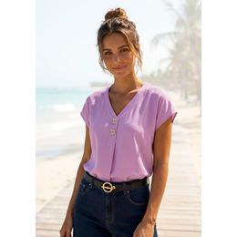 Schlupfbluse Lascana, Damen, Gr. 34, lila (flieder), Web, Obermaterial: 100% Viskose, unifarben, figurumspielend h&uuml;ftlang, V-Ausschnitt, Blusen Schlupfbluse, mit modischen Kn&ouml;pfen, luftige Kurzarmbluse, sommerlich, Topseller