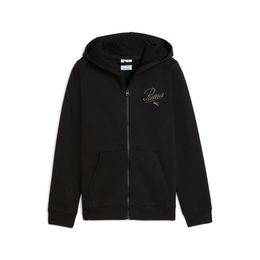 Kapuzensweatshirt Puma "ESS SCRIPT FULL-ZIP HOODIE FL G", M&auml;dchen, Gr. 128, Puma schwarz, Fleece, Obermaterial: 68% Baumwolle, 32% Polyester, bedruckt, regular fit normal, angesetztes B&uuml;ndchen, Sweatshirts, mit Kapuze, mit K&auml;ngurutasche, mit Logodruck, Regular Fit