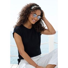 Kurzarmshirt Vivance "aus b&uuml;gelfreiem Waffelstrick", Damen, Gr. 32/34, schwarz, Strick, Obermaterial: 64% Polyester, 34% Viskose, 2% Elasthan, leicht transparent, unifarben, bequem, Rundhals, Shirts, luftiges Waffelstrickshirt