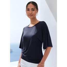 Rundhalsshirt Lascana "mit variabler &Auml;rmell&auml;nge", Damen, Gr. 32/34, blau (navy), Single Jersey, Obermaterial: 95% Viskose (LENZING&trade; ECOVERO&trade;), 5% Elasthan, unifarben, bequem, Rundhals, verstellbar, Shirts Rundhalsshirt, aus luftigem Viskose-Stretch