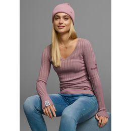 V-Ausschnitt-Pullover Kangaroos, Damen, Gr. 40/42, rosa (altrosa), Rippstrick, Obermaterial: 50% Baumwolle, 50% Polyacryl, unifarben, sehr figurbetont h&uuml;ftlang, V-Ausschnitt, Rippb&uuml;ndchen mit Daumenl&ouml;chern, Pullover Strickpullover Pullover V-Pullover, h&uuml;ftlange Schnittform, mit Rippstrick, figurbetonte Passform