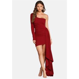 Jerseykleid MODA MINX "Bianca Short Ruffle Dress", Damen, Gr. S, EURO-Gr&ouml;&szlig;en, rot (weinrot), 100% Polyester, unifarben, kurz, Rundhals, Kleider Jerseykleid, mit raffiniertem Ruffle-Element