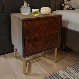 FineBuy Nachttisch Akazie Massivholz 2 Schubladen Nachtkommode Nachtk&auml;stchen Boxspring