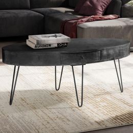 FineBuy Couchtisch 100cm oval Massivholz schwarz Wohnzimmertisch Schublade Industrial