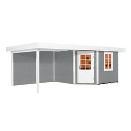 Weka Gartenhaus mit Eck-Eingang und Anbau - 586x278x237cm - hellgrau - Holz / Holz