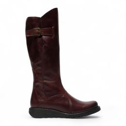 Fly London Damen MOL 2 Lederstiefel mit Keilabsatz, kniehoch, mit Rei&szlig;verschluss, Weinrot