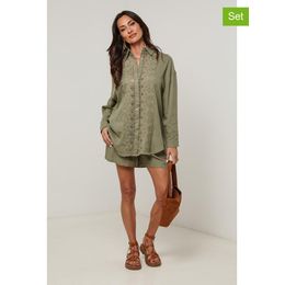 Le Monde du Lin 2tlg. Outfit in Khaki - 65% | Gr&ouml;&szlig;e 38/40 | Damen-blusen