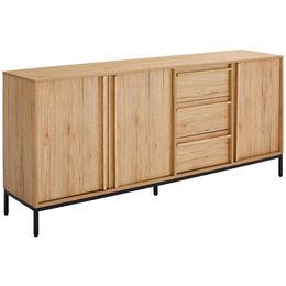 Milino Sideboard Wabi, Eiche, Metall, Holzwerkstoff, Kautschukholz, vollmassiv, 3 F&auml;cher, 3 Schublade(n) Schubladen, 180x81x40 cm, ISO 9001, Reach, Bsci, DIN EN ISO 14001, FSC Mix, Beim&ouml;bel erh&auml;ltlich, stehend, Wohnzimmer, Kommoden & Sideboards, Sideboards