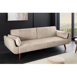 Riess Ambiente Design Schlafsofa DIVANI 220cm champagner beige Samt 3-Sitzer mit Bettfunktion Walnuss-F&uuml;&szlig;e Riess-Ambiente Wohnzimmer Retro Skandinavisch