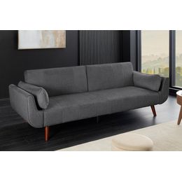 Riess Ambiente Design Schlafsofa DIVANI 220cm grau Samt 3-Sitzer mit Bettfunktion Walnuss-F&uuml;&szlig;e Riess-Ambiente Wohnzimmer Retro Skandinavisch