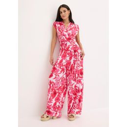 Jumpsuit bonprix, Damen, Gr. 48/50 (XL), N-Gr, rot (pink floral), Obermaterial: 95% Polyester, 5% Elasthan, loose fit, Overalls Jumpsuit, floral bedruckt, weites Bein, mit Drapierung in der Taille, &auml;rmellos