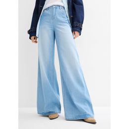 Weite Jeans bonprix, Damen, Gr. 38, K-Gr, hellblau denim used (l&auml;nge: kurz), Obermaterial: 100% Baumwolle, loose fit, Jeans, weite Passform, 5-Pocket-Design, elastischer Bequembund, hohe Bundh&ouml;he