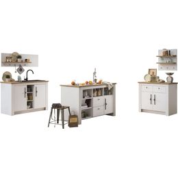 K&uuml;che OTTO HOME "KS-Westminster", wei&szlig; (k&uuml;che: wei&szlig;, korpus: pinie wei&szlig;, arbeitsplatte: eiche wotanfarben), B:226cm T:60cm, Komplettk&uuml;chen-Sets, Breite 226 cm, ohne E-Ger&auml;te