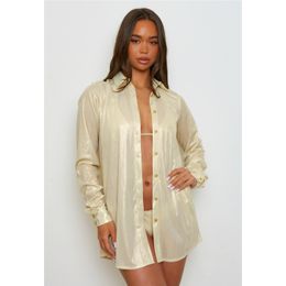 Langarmbluse MODA MINX "Shimmering Lights", Damen, Gr. M, beige, 92% Polyester, 8% Elasthan, unifarben, lang, ohne Ausschnitt, Blusen, mit tollem Schimmer
