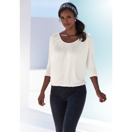 3/4-Arm-Shirt Lascana "mit zarter Raffung am Ausschnitt", Damen, Gr. 40/42, beige (creme), Jersey, Obermaterial: 95% Viskose (LENZING&trade; ECOVERO&trade;), 5% Elasthan, unifarben, Basic, figurumspielend normal, V-Ausschnitt, angeschnitten Umschlagsaum, Shirts 3/4-Arm-Shirt, aus luftigem Viskose-Stretch