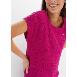 Shirtbluse bonprix, Damen, Gr. 44/46 (L), pink (fuchsiapink), Web, Obermaterial: 95% Polyester, 5% Elasthan, unifarben, figurumspielend h&uuml;ftlang, Rundhals, angeschnitten Umschlagsaum, Blusen, bequeme Passform, mit Lochstickerei, elastisches Material