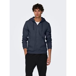 Only & Sons Kapuzensweatjacke ONLY & SONS "ONSCERES ZIP THR. HOODIE SWEAT NOOS", Herren, Gr. XXL, blau (blau nights), angeraute Sweatware, Obermaterial: 65% Baumwolle, 35% Polyester, unifarben, regular fit normal, ohne Ausschnitt, Rippb&uuml;ndchen, Sweatjacken