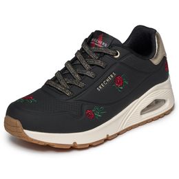 Sneaker Skechers "UNO-CHAMPAGNE & ROSES", Damen, Gr. 35, schwarz, rot, Lederimitat, bestickt, Schuhe Sneaker, Freizeitsneaker, Halbschuh mit Rosen-Stickerei