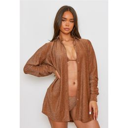 Langarmbluse MODA MINX "Lumiere", Damen, Gr. M, braun (camelfarben), 85% Polyester, 8% Elasthan, 7% Metall, unifarben, lang, ohne Ausschnitt, Blusen, mit tollem Schimmer