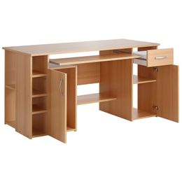 Schreibtisch VOGL M&Ouml;BELFABRIK "Tim mit seitlich offenen F&auml;chern & Tastaturauszug", braun (buchefarben), B:138cm H:74cm T:60cm, Tische, Schreibtisch, Druckerablage, 1 Schublade, Breite 138 cm, Made in Germany