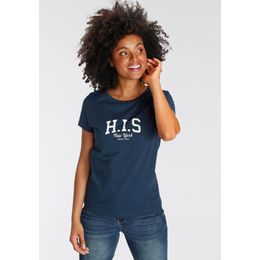 H.I.S. T-Shirt H.I.S, Damen, Gr. 36/38, blau (marine), Single Jersey, Obermaterial: 100% Baumwolle, bedruckt, figurumspielend, Shirts T-Shirt, bedruckt, f&uuml;r die Freizeit, aus Baumwolle