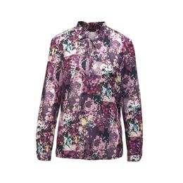 Druckbluse GOLDNER "Kurzgr&ouml;&szlig;e Druckbluse in exotischem Muster", Damen, Gr. 25, lila (flieder, lila, gemustert), Obermaterial: 100% Polyester PES., weit Manschette, Blusen Druckbluse, Gesmokter Stehkragen mit Bindeband