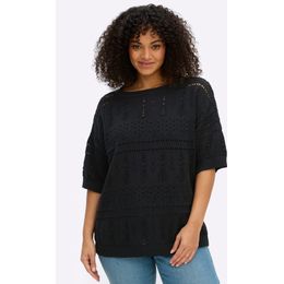 Ajourpullover sheego "Kurzarm-Pullover", Damen, Gr. 56/58, schwarz, 100% Baumwolle, gemustert, unifarben, Pullover