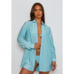 Langarmbluse MODA MINX "Lumiere", Damen, Gr. M, blau, 85% Polyester, 8% Elasthan, 7% Metall, unifarben, lang, ohne Ausschnitt, Blusen, mit tollem Schimmer