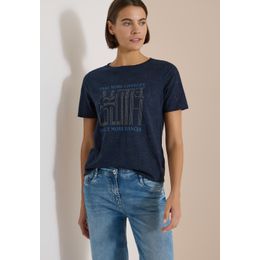 T-Shirt Cecil, Damen, Gr. L (42), universal blau, Web, 50% Baumwolle, 50% Polyester, bedruckt, normal normal, U-Boot-Ausschnitt, abgesteppt, Shirts T-Shirt, mit Wording-Print