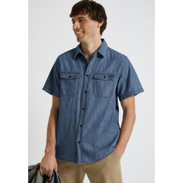 Kurzarmhemd Street One MEN, Herren, Gr. L (42), US-Gr&ouml;&szlig;en, indigo blau wash, Web, 100% Baumwolle, unifarben, regular fit normal, V-Ausschnitt, abgesteppt, Hemden, aus reiner Baumwolle