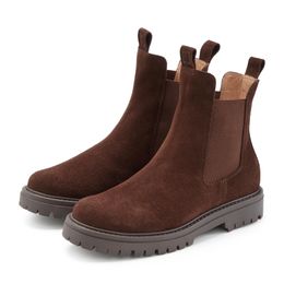 Stiefelette ELBSAND "Schlupfstiefel, Bikerboots, Sommerstiefelette, Lederstiefelette", Damen, Gr. 36, dunkelbraun, Obermaterial: 100% Rindsleder. Decksohle: 100% Synthetik. Futter: 100% Synthetik. Laufsohle: 100% Synthetik, Veloursleder, unifarben, Schuhe Stiefelette, Chelseaboots aus weichem Leder mit Stretch-Eins&auml;tzen