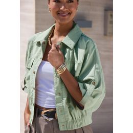Blouson Lascana "aus leichter Webware mit 3/4-&Auml;rmeln", Damen, Gr. 32/34, olivgr&uuml;n, Web, Obermaterial: 65% Polyester, 35% Polyamid, unifarben, figurumspielend h&uuml;ftlang, mit Riegel, Jacken Blouson, Sommerjacke, leichte &Uuml;bergangsjacke, Safarijacke, kurze Blousonjacke