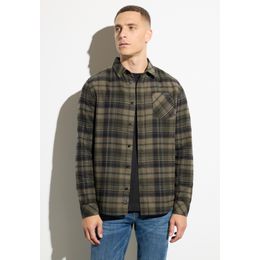 Flanellhemd Street One MEN, Herren, Gr. XL (44), US-Gr&ouml;&szlig;en, gr&uuml;n (schwarz olive gr&uuml;n), Web, 100% Baumwolle, kariert, normal normal, hoch geschlossener Ausschnitt, 1-Knopf-Manschette, Hemden, mit Brusttasche
