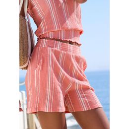 Shorts Lascana "aus luftiger Crepeware", Damen, Gr. 34, N-Gr, koralle, wei&szlig; gestreift, Cr&ecirc;pe, Obermaterial: 71% Viskose, 27% Polyester, 2% Elasthan, Crinkleoptik, gestreift, figurumspielend kurz, Hosen Shorts, strukturierte Ware, sommerlicher Shorts mit Streifen, Sommerhose