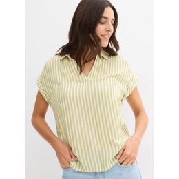 Kurzarmbluse bonprix "Kurzarmbluse aus flie&szlig;ender Viskose", Damen, Gr. 40, gelb (mattpistazie, wei&szlig; gestreift), Web, Obermaterial: 100% Viskose, loose fit h&uuml;ftbedeckend, V-Ausschnitt, angeschnitten Umschlagsaum, Blusen, Loose Fit, f&uuml;r einen luftigen Look, aus Viskose, gestreift