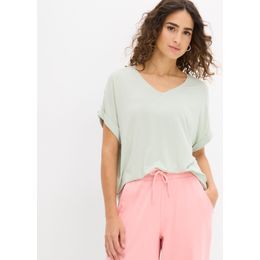 T-Shirt bonprix, Damen, Gr. 40/42 (M), hellschilf, Jersey, Obermaterial: 95% Viskose, 5% Elasthan, oversize h&uuml;ftbedeckend, V-Ausschnitt, angeschnitten Umschlagsaum, Shirts T-Shirt, Oversize-Passform, V-Ausschnitt, f&uuml;r Fr&uuml;hling und Sommer