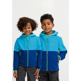 Softshelljacke Jack Wolfskin "SANDBIRD HOODED JKT K", Kinder, Gr. 116, empire blau, Softshell, Obermaterial: 100% Polyester. Futter: 100% Polyester, kontrastfarbene Details, Basic h&uuml;ftbedeckend, eingefasste Kante, Jacken Softshelljacke, Winddicht, atmungsaktiv, &Uuml;bergangsjacke