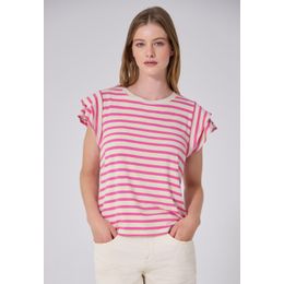Rundhalsshirt STREET ONE STUDIO, Damen, Gr. 44, simply pink, Stoff, 95% Viskose, 5% Elasthan, gestreift, normal normal, Rundhals, R&uuml;schen, Shirts Rundhalsshirt, mit Volant&auml;rmeln