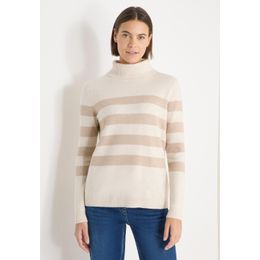 Strickpullover Cecil, Damen, Gr. L (42), beige (oat milk beige melange), Web, 37% Baumwolle, 34% Polyacryl, 26% Polyester, 3% Elasthan, gestreift, normal normal, hoch geschlossener Ausschnitt, Rippb&uuml;ndchen, Pullover Strickpullover, im Streifen-Design