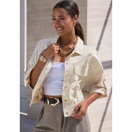 Blouson Lascana "aus leichter Webware mit 3/4-&Auml;rmeln", Damen, Gr. 32/34, sand, Web, Obermaterial: 65% Polyester, 35% Polyamid, unifarben, figurumspielend h&uuml;ftlang, mit Riegel, Jacken Blouson, Sommerjacke, leichte &Uuml;bergangsjacke, Safarijacke, kurze Blousonjacke