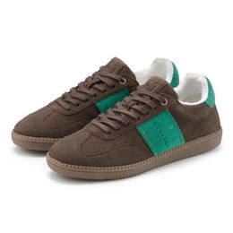 Sneaker ELBSAND "Freizeitschuh, Schn&uuml;rschuh, Turnschuh, Retro Sneaker, Lederschuh", Damen, Gr. 42, braun, gr&uuml;n, Obermaterial: 100% Rindsleder. Decksohle: 100% Textilmaterial. Futter: 100% Textilmaterial. Laufsohle: 100% Synthetik, unifarben mit Farbeinsatz, Basic, Schuhe Sneaker, Ledersneaker, Schn&uuml;rhalbschuh aus Leder im modernen Retro Look Unisex