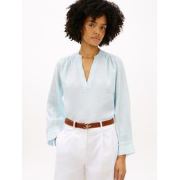 Langarmbluse Tommy Hilfiger "ESSENTIAL LINEN V-NECK LONGSLEEVE BLOUSE", Damen, Gr. L (42/44), keepsake blau, Web, Obermaterial: 100% Leinen, unifarben, gerade normal, V-Ausschnitt, mit Knopf mit Schlitz, Blusen, mit gerafften Schultern, Relaxed Fit