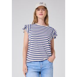 Rundhalsshirt STREET ONE STUDIO, Damen, Gr. 44, optic blau, Stoff, 95% Viskose, 5% Elasthan, gestreift, normal normal, Rundhals, R&uuml;schen, Shirts Rundhalsshirt, mit Volant&auml;rmeln
