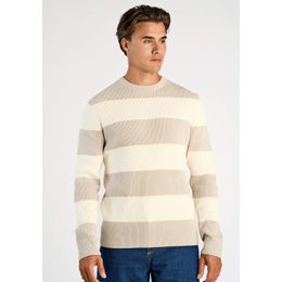Strickpullover LINDBERGH "Strickpullover Relaxed Fit", Herren, Gr. L, lt stone grau, Obermaterial: 80% Baumwolle, 20% Polyester, gestreift, Rundhals, Pullover Strickpullover