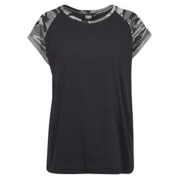 Kurzarmshirt Urban Classics "Urban Classics Damen Ladies Contrast Raglan Tee", Damen, Gr. L, schwarz (schwarz, schwarzcamo), 60% Baumwolle, 40% Polyester, mehrfarbig, normal, Rundhals, Shirts