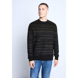 Rundhalspullover Street One MEN, Herren, Gr. L (42), schwarz olive gr&uuml;n, Web, 50% Baumwolle, 50% Polyacryl, gestreift, normal normal, Rundhals, Rippb&uuml;ndchen, Pullover Rundhalspullover, mit Streifen-Struktur