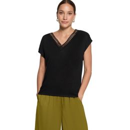 T-Shirt Zero "Damen mit V-Ausschnitt", Damen, Gr. 34, schwarz (schwarz beauty), Jersey, Obermaterial: 55% Viskose, 45% Polyester, figurumspielend normal, V-Ausschnitt, Shirts T-Shirt, Spitze