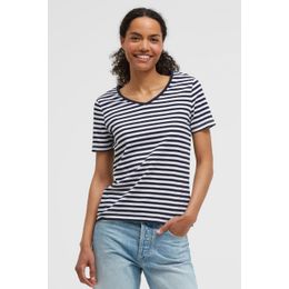 V-Shirt SENSES.THE LABEL, Damen, Gr. L, schwarz-wei&szlig; (night navy, opticwei&szlig;), Single Jersey, Material: 100% Baumwolle, gestreift, regular fit normal, V-Ausschnitt, eingesetzt gerader Abschluss, Shirts, mit V-Ausschnitt