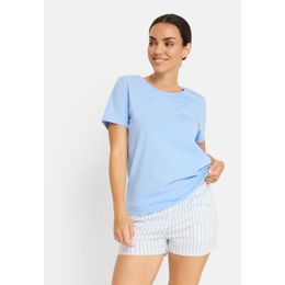 Shorty LSCN BY LASCANA, Damen, Gr. 32/34, blau (blau, ecru), Single Jersey, Obermaterial: 100% Baumwolle, bedruckt, unifarben, loose fit h&uuml;ftlang, Rundhals, eingesetzt abgesteppt, Homewear-Sets Shorty, mit Front-und Back-Print